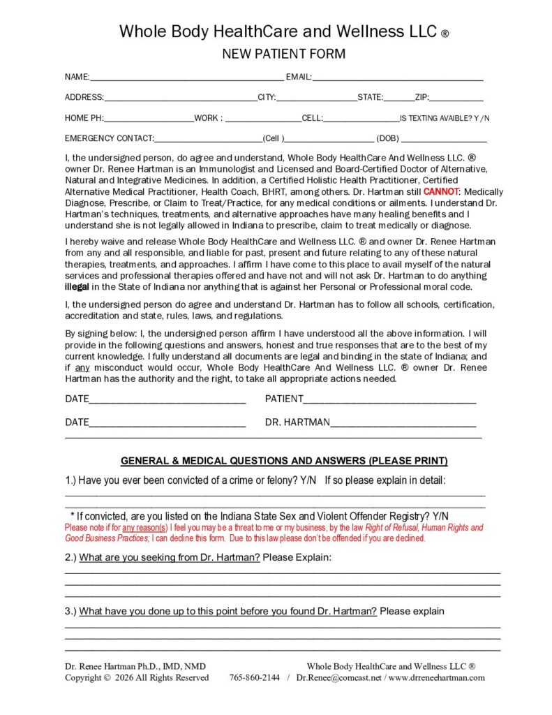 New Patient Short Intake Form | WHOLE BODY HEALTHCARE & WELLNESS LLC
